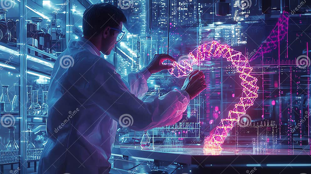 Scientist Manipulating Virtual DNA Strand in Laboratory Environment ...