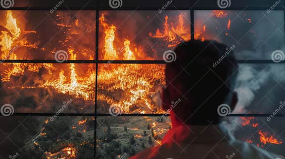 Scientist Monitoring Large-scale Wildfire on Digital Display Stock ...