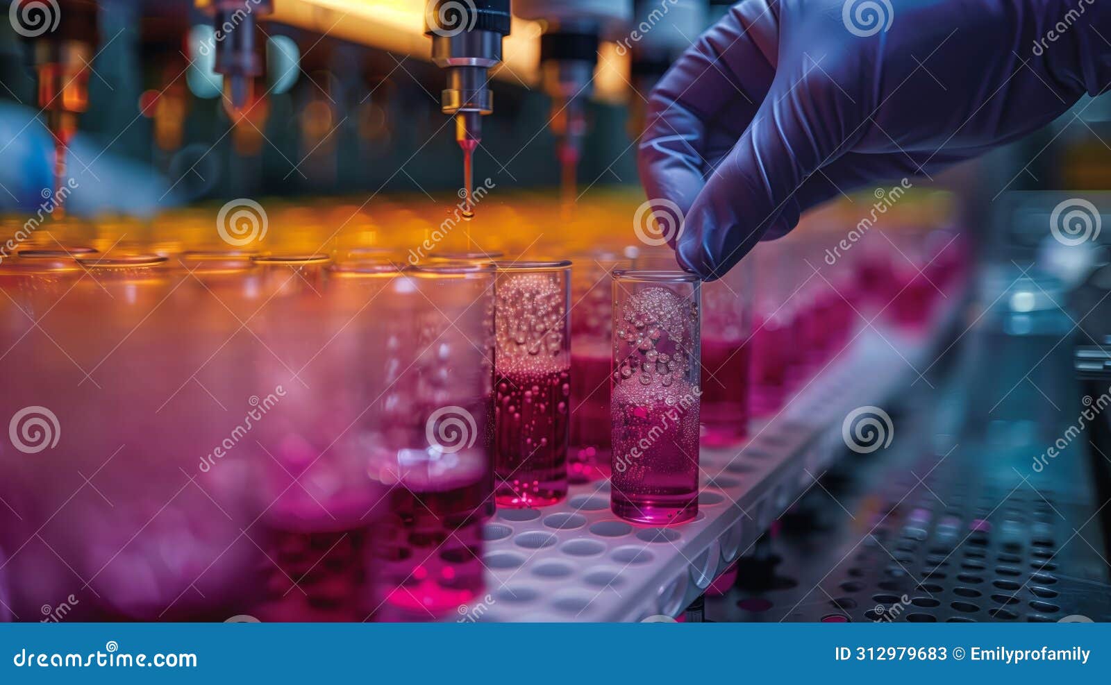 Precision Lab Work: Gloved Hand Pipetting into Test Tubes with Red ...