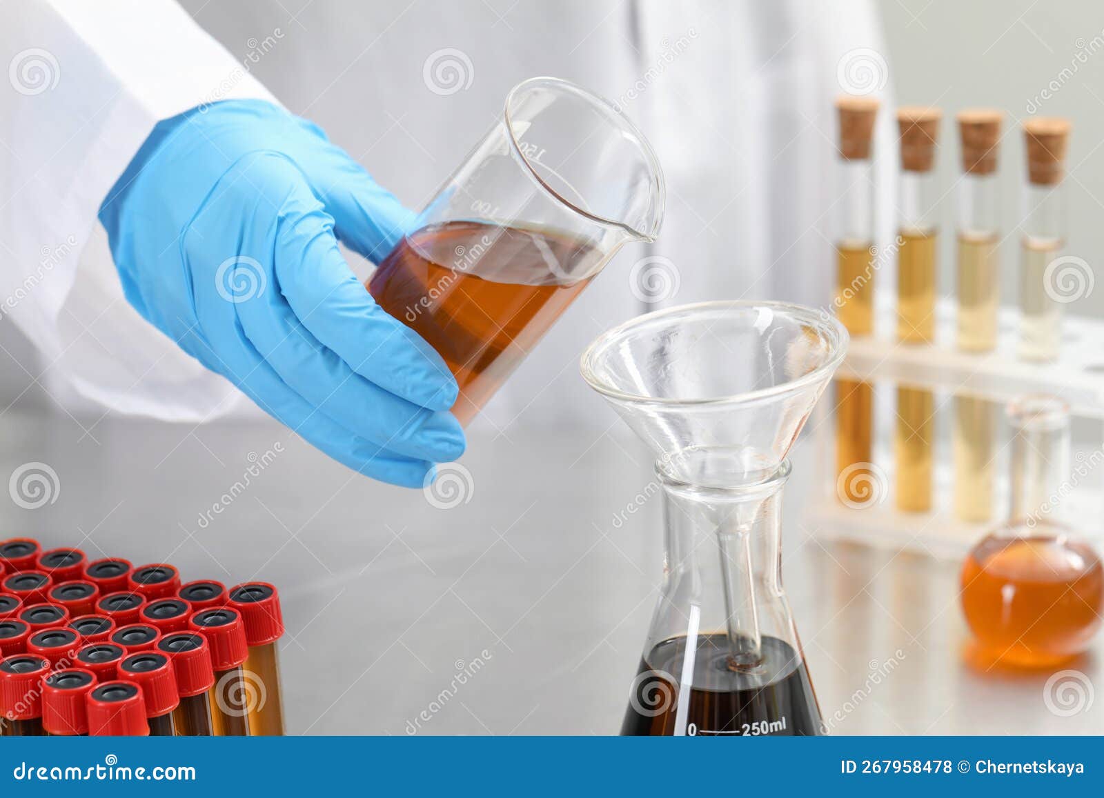 Scientist Pouring Liquid from Beaker into Conical Flask, Closeup Stock ...