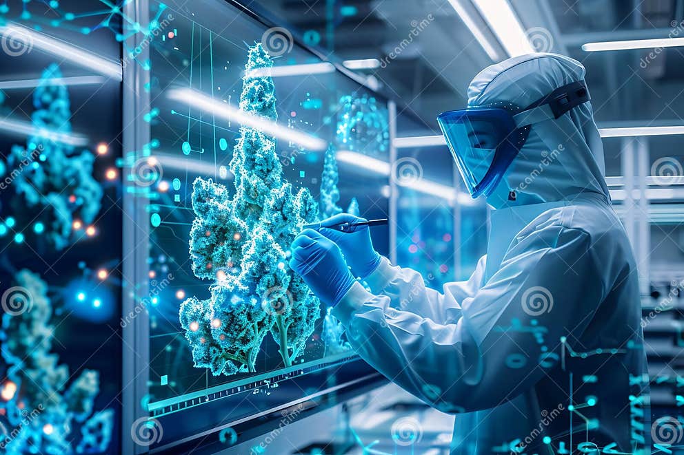 Scientist in Protective Gear Analyzing Data and Images of a Virus on a ...