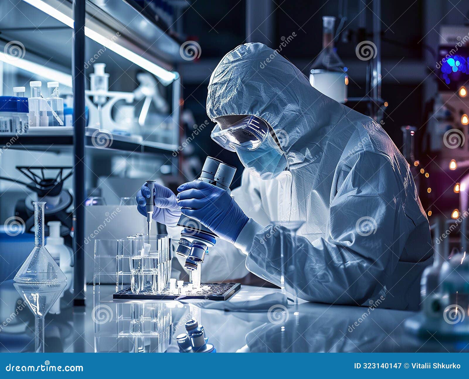 Scientist in Protective Gear Working with a Microscope in a Laboratory ...