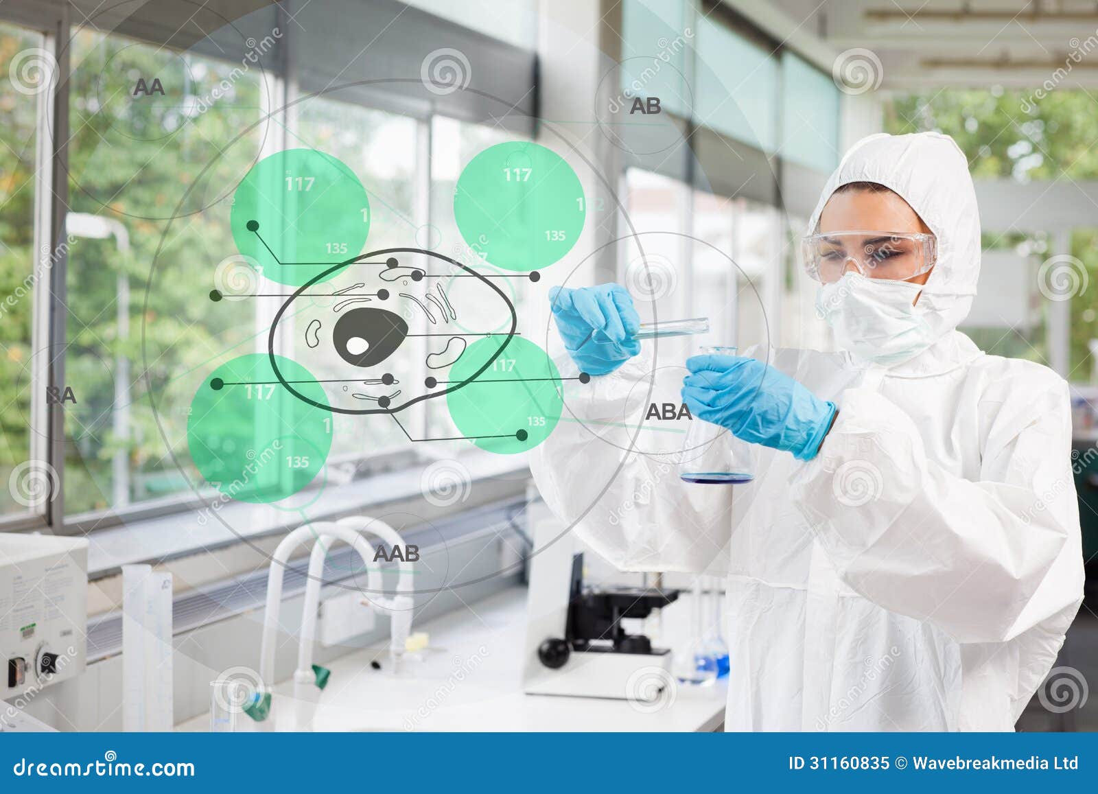 Scientist in Protective Suit Working with Green Cell Diagram Int Stock ...