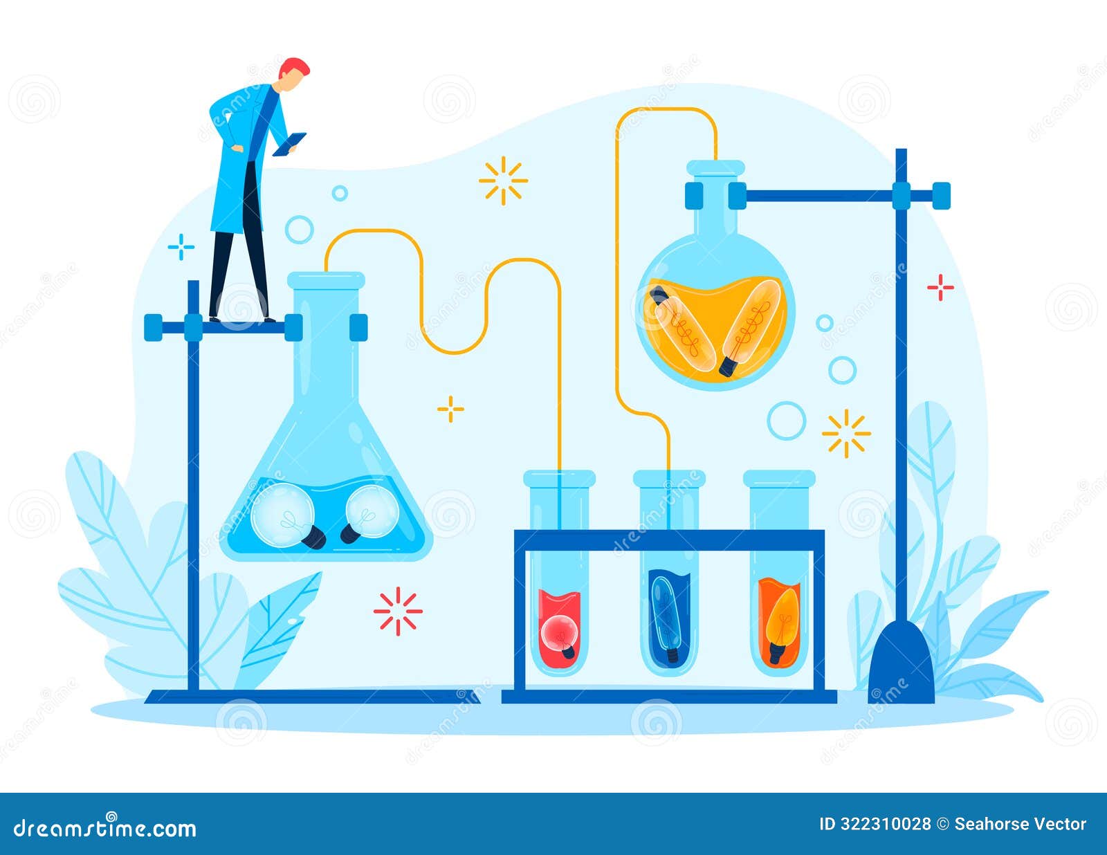 Scientist Researching Lab Flasks Beakers Experiment Study. Man White ...