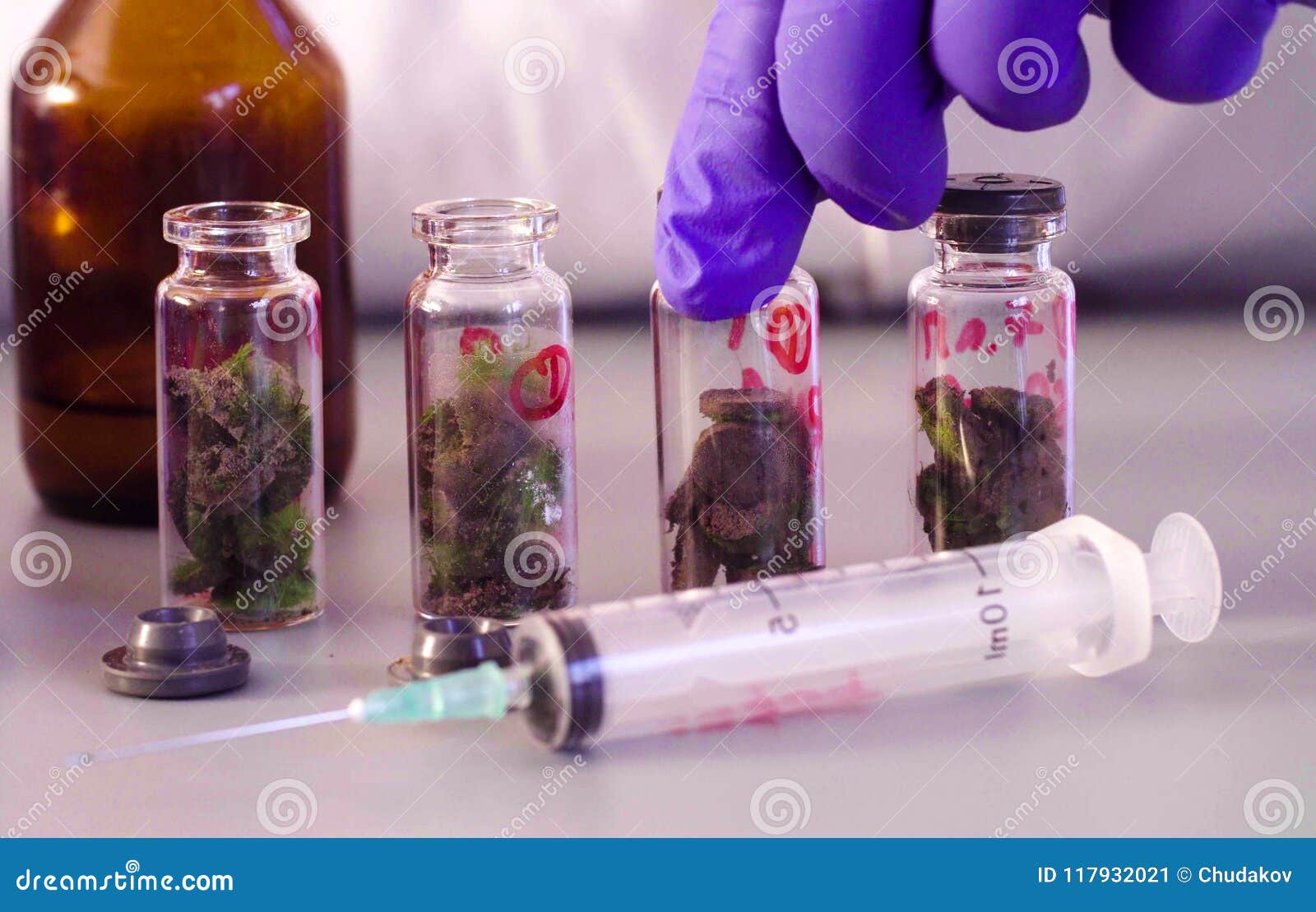 The Scientist`s Hands Pouring Solvent into the Bottles Stock Image ...