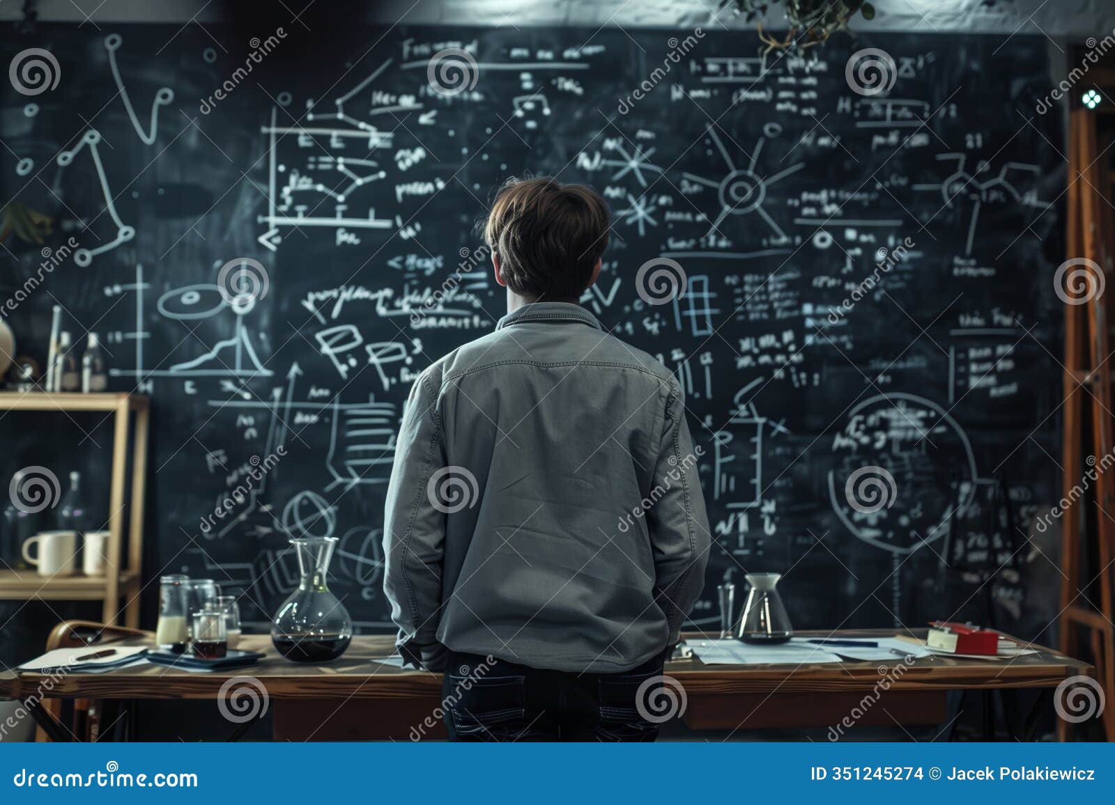 Scientist Seen from Behind, Standing in Front of a Huge Blackboard ...