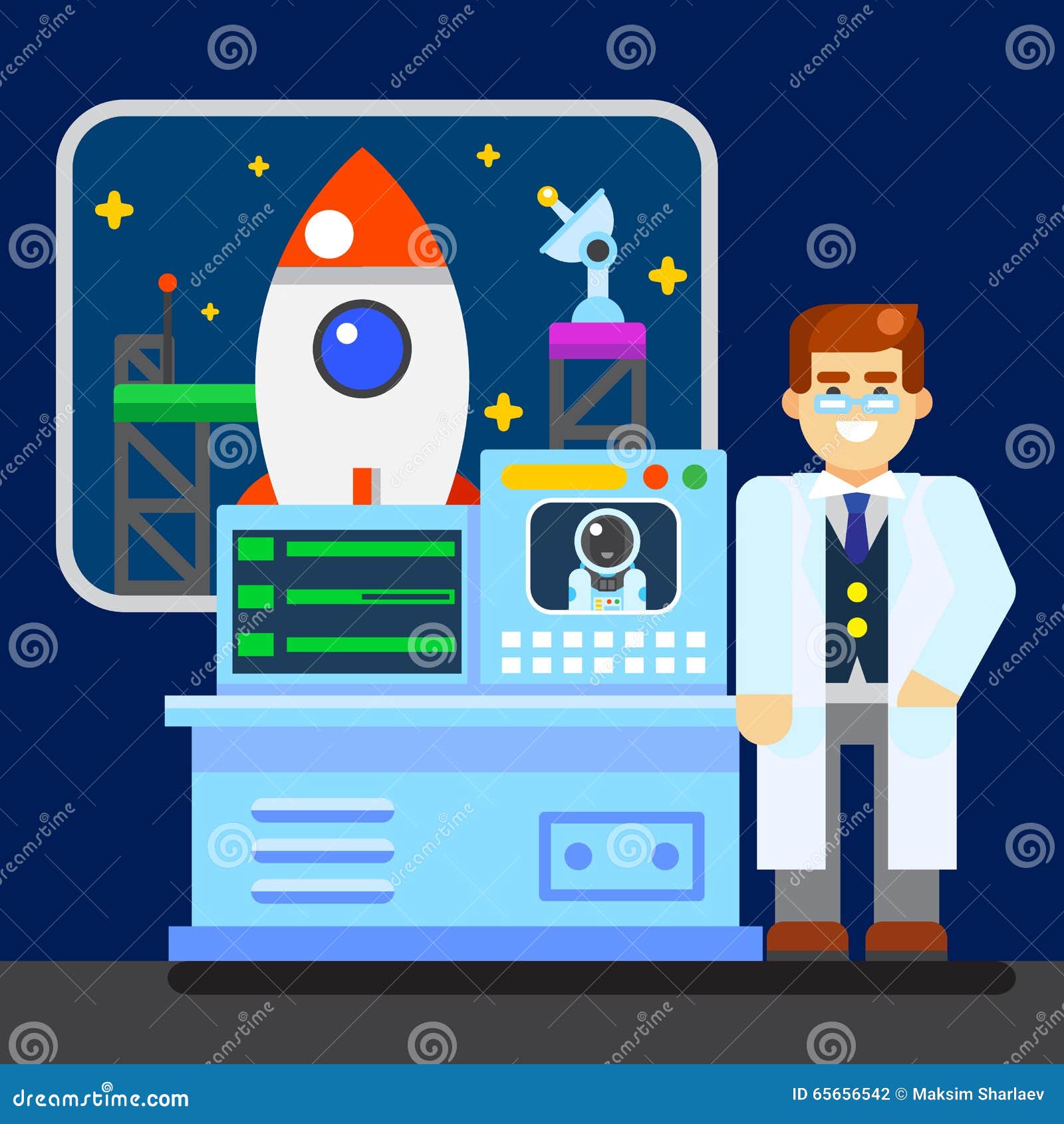Scientist with spaceship stock vector. Illustration of invention - 65656542