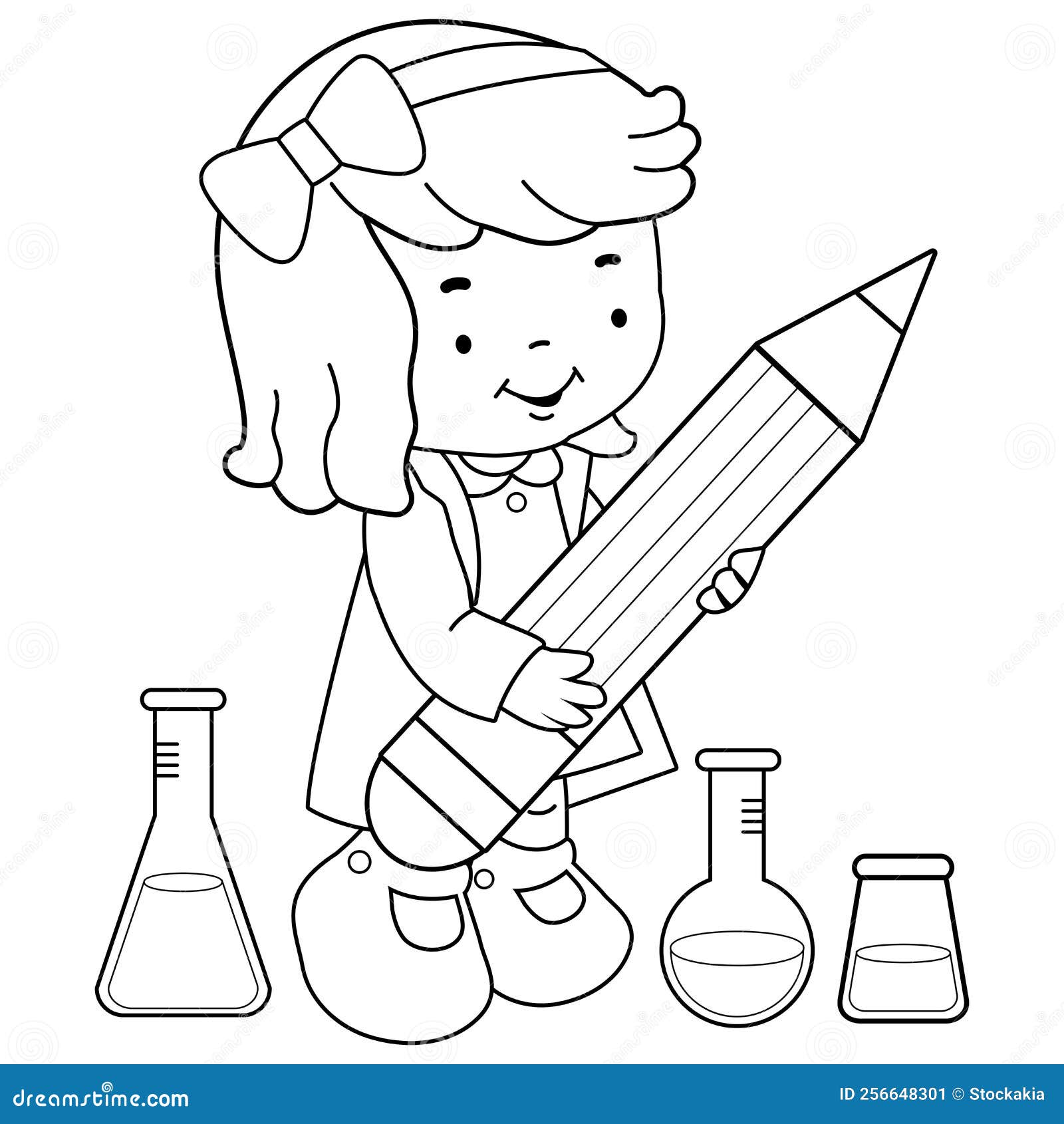 Student Girl At Science Class Holding A Big Pencil. Vector Black And ...