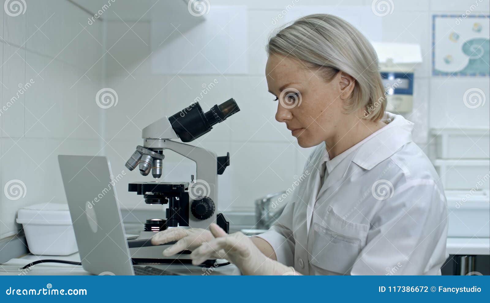 Scientist or Student Using Laptop Computer and Microscope Stock Photo ...