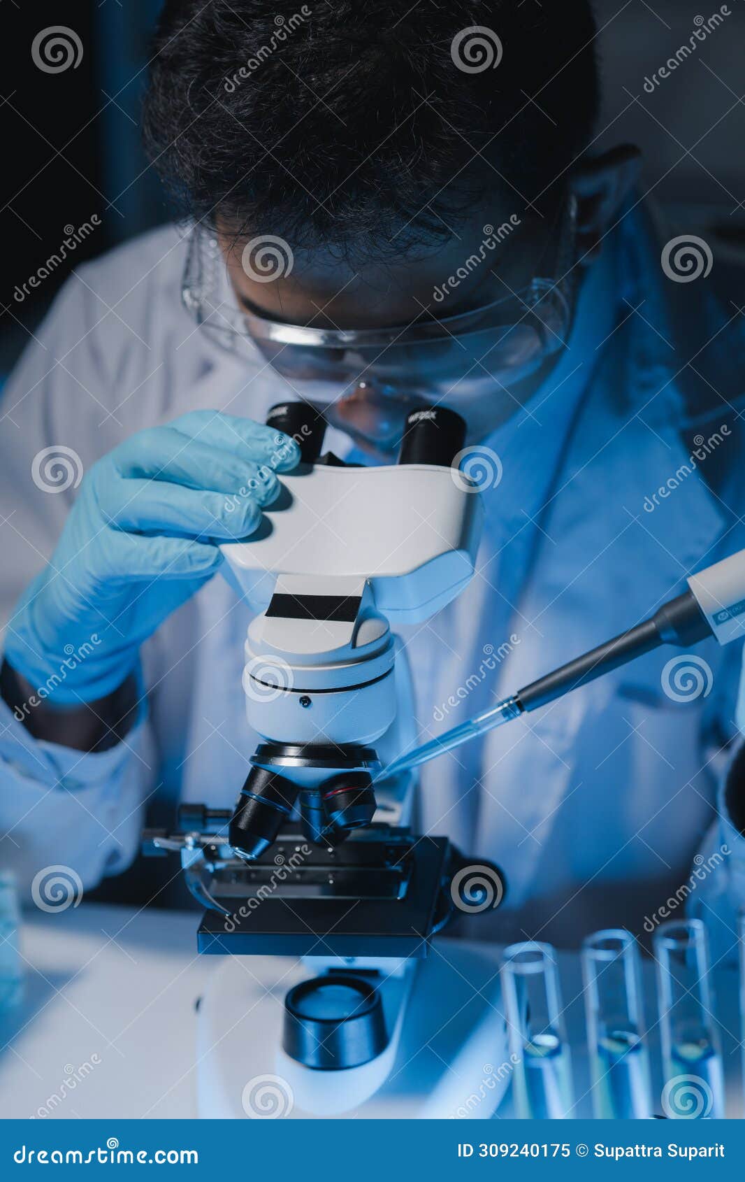A Scientist is Studying Samples Using a Microscope To Study and Develop ...
