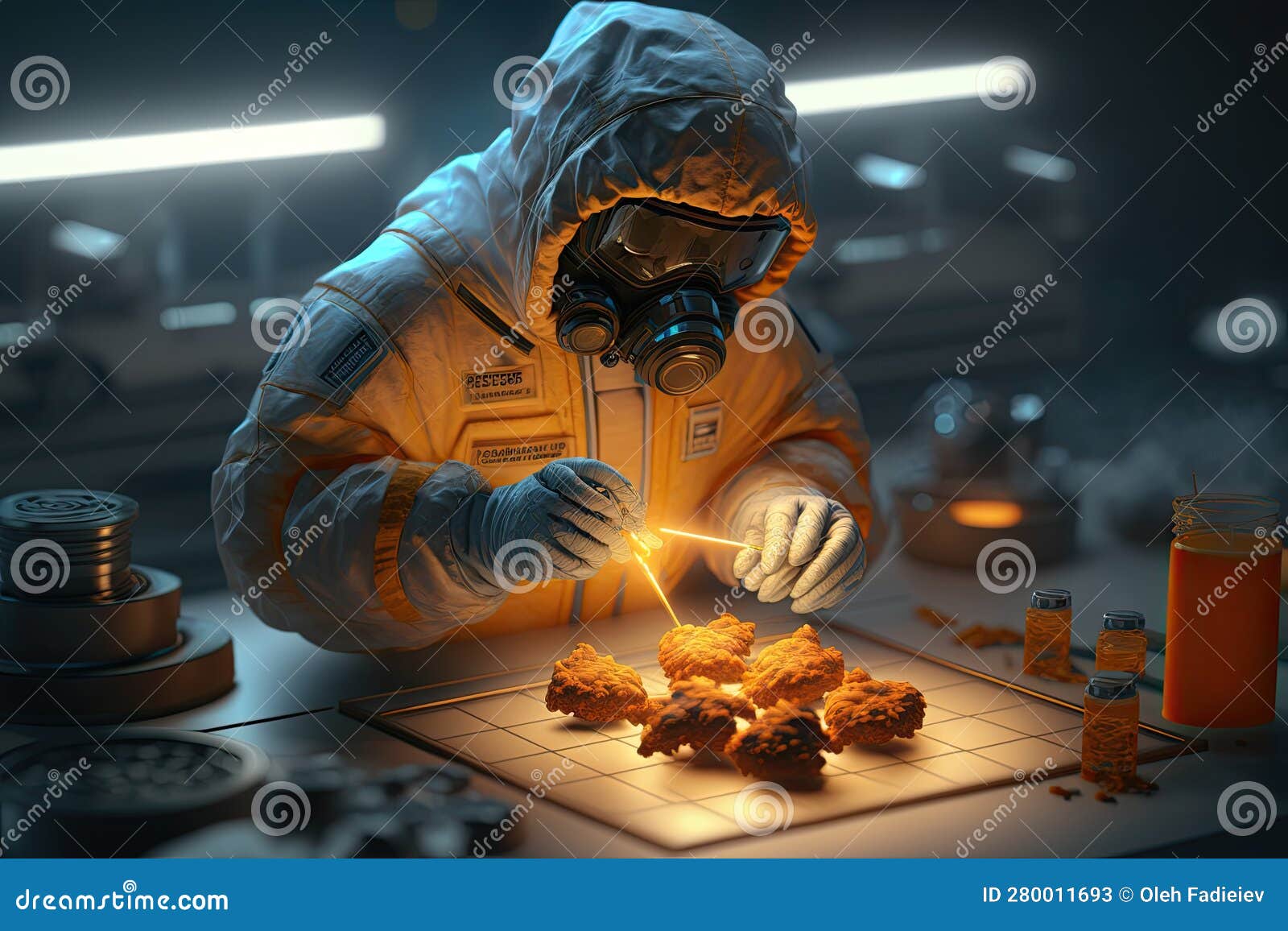 A Scientist in a Suit and Gas Mask Conducts Research Stock Illustration ...