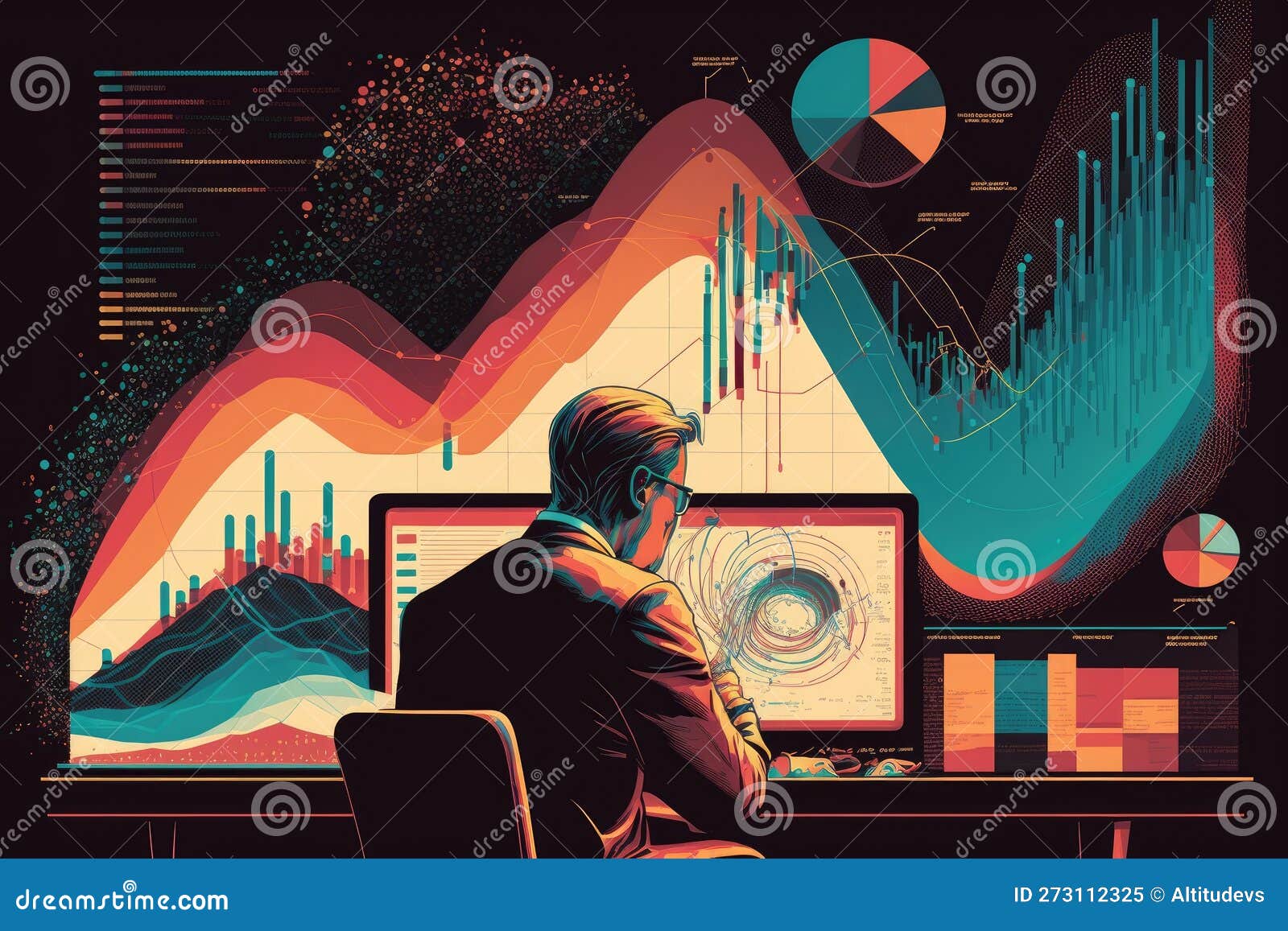 Scientist Surrounded By Data Mining Visualization Tools And Graphs Analyzing Large Set Of Data