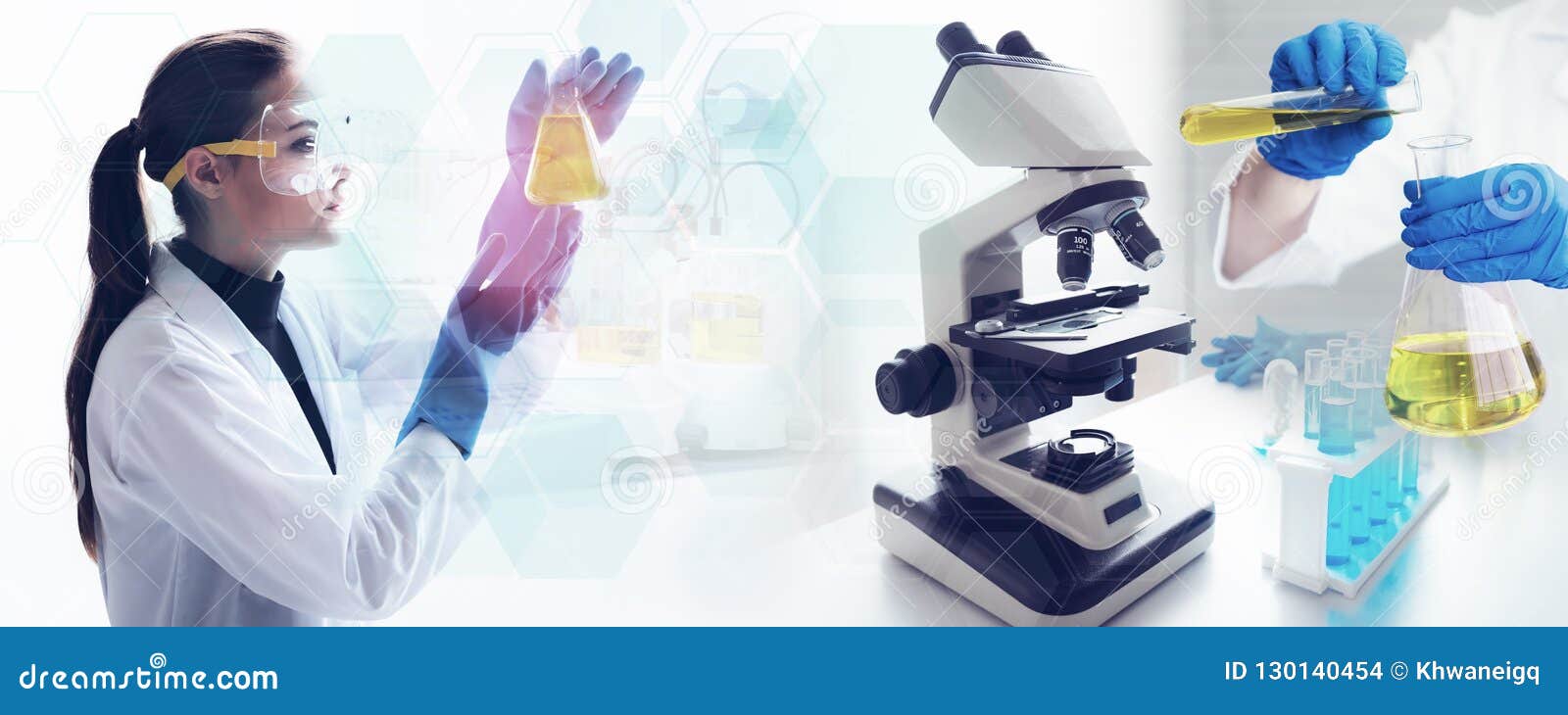 Scientist is Testing and Doing Lab Sample with Microscope in La Stock ...