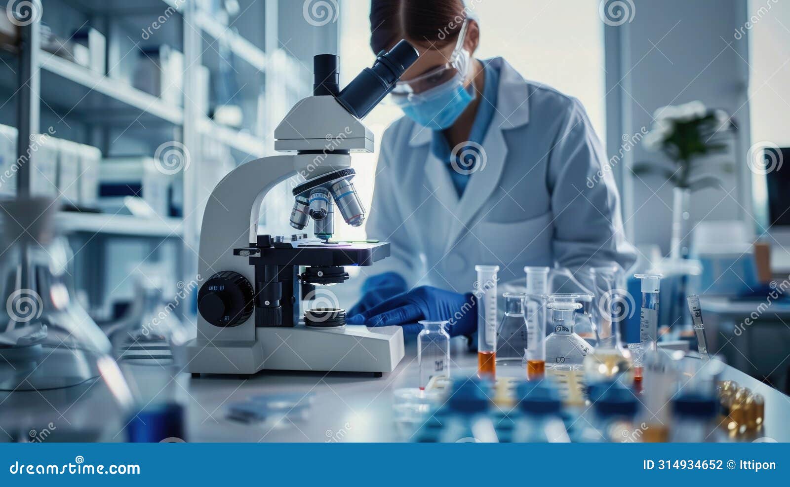 Scientist Use Microscope in in Biotechnology Laboratory Room. Stock ...
