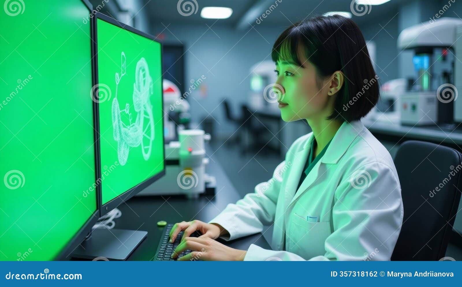 Medical Researcher Working with Green Screen Display in Modern ...