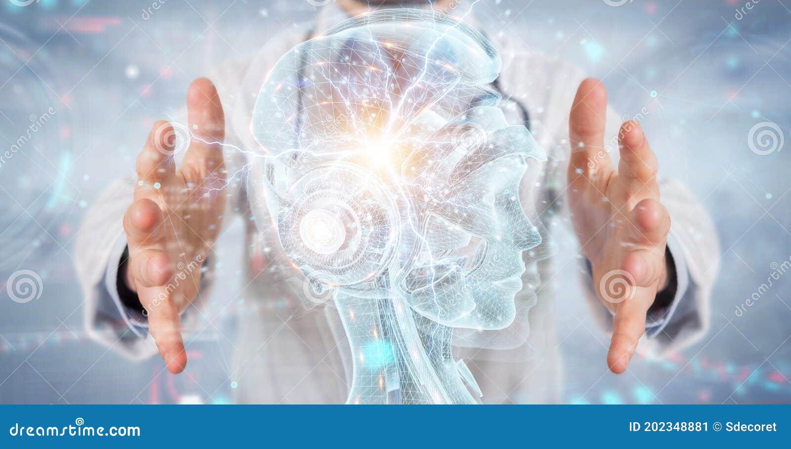 Scientist Using Digital Artificial Intelligence Holographic Projection ...