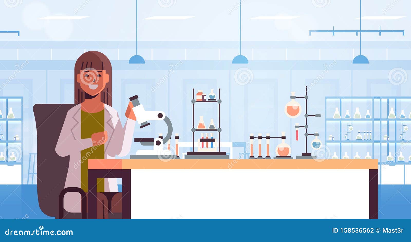 Scientist Using Microscope and Test Tubes Woman in Uniform Sitting at ...