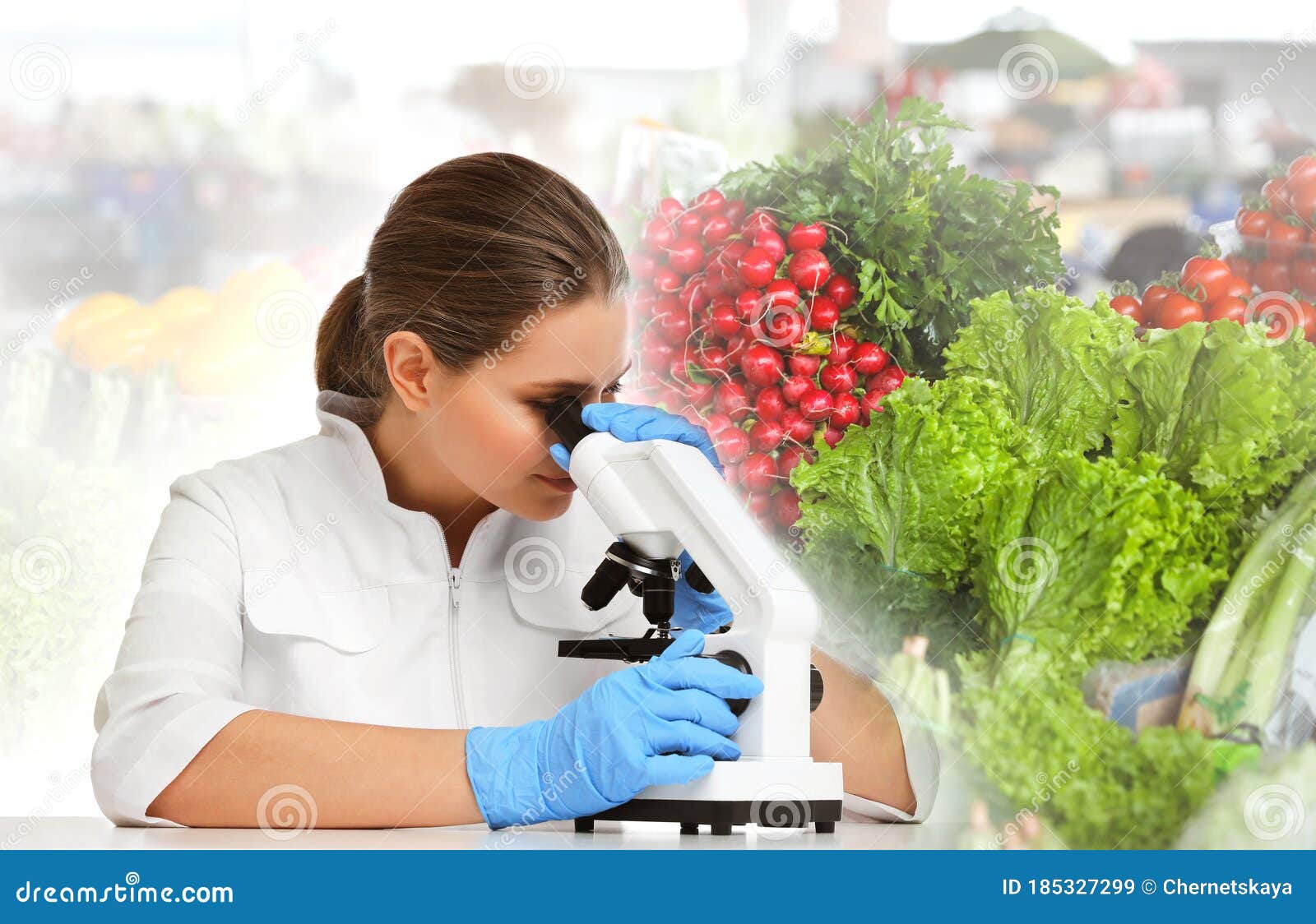 Scientist Using Modern Microscope at Table. Food Quality Analysis Stock ...
