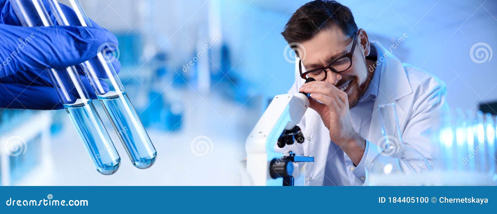 Scientist Using Microscope and Test Tubes for Analysis in Laboratory ...