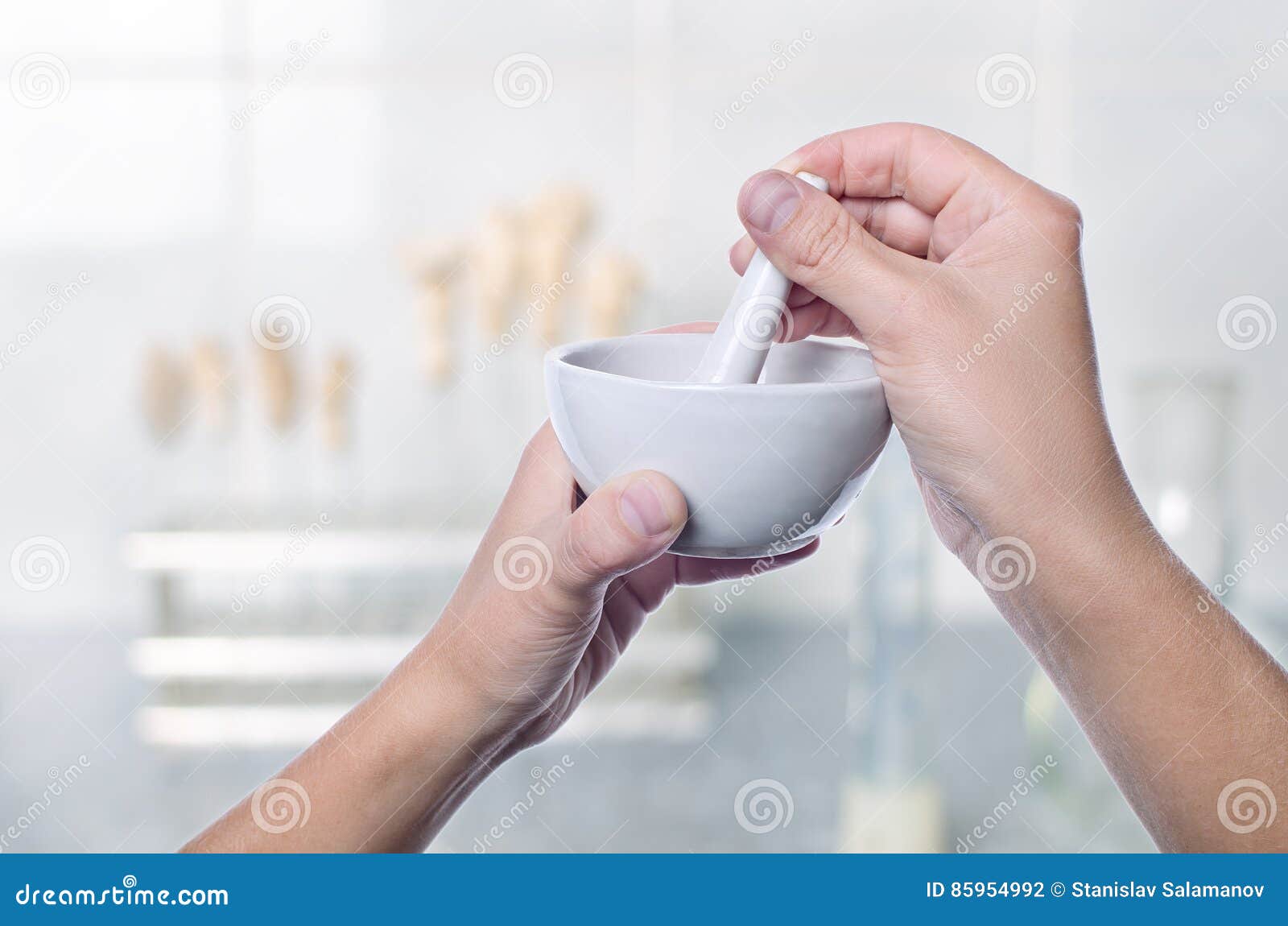 Scientist Using Pestle and Mortar in Laboratory Stock Photo - Image of ...