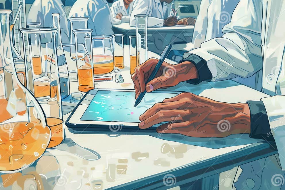 Scientist Using Tablet for Research in Modern Laboratory with Glassware ...