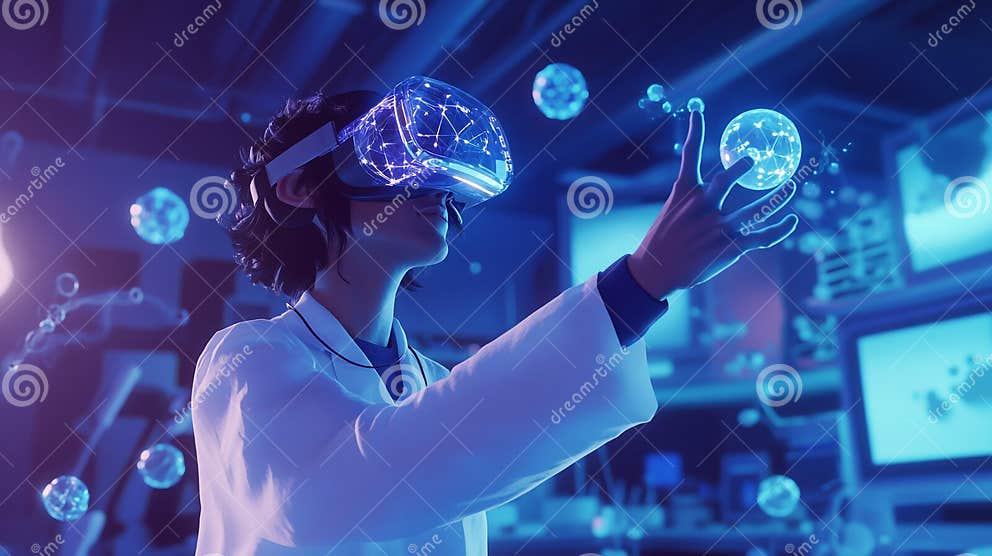 Scientist in VR Headset Exploring 3D Molecular Structures Stock ...
