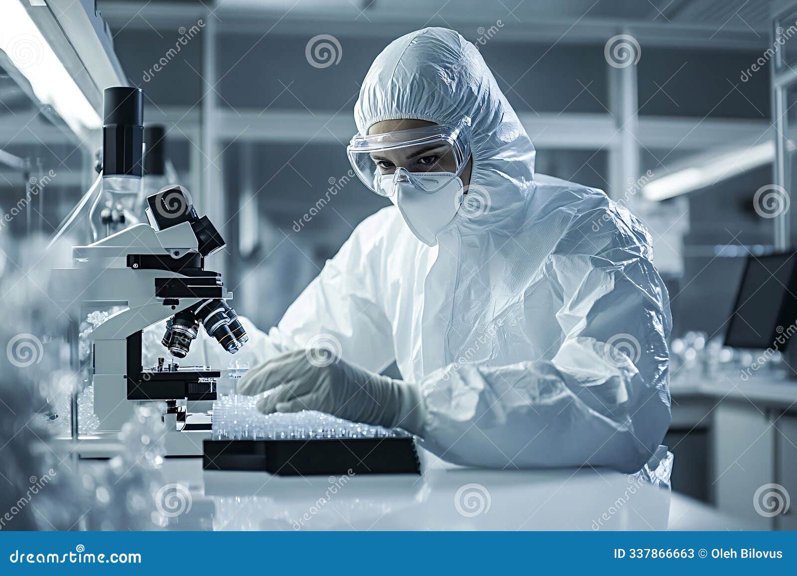 Scientist Wearing Hazmat Suit Working with Microscope in Laboratory ...