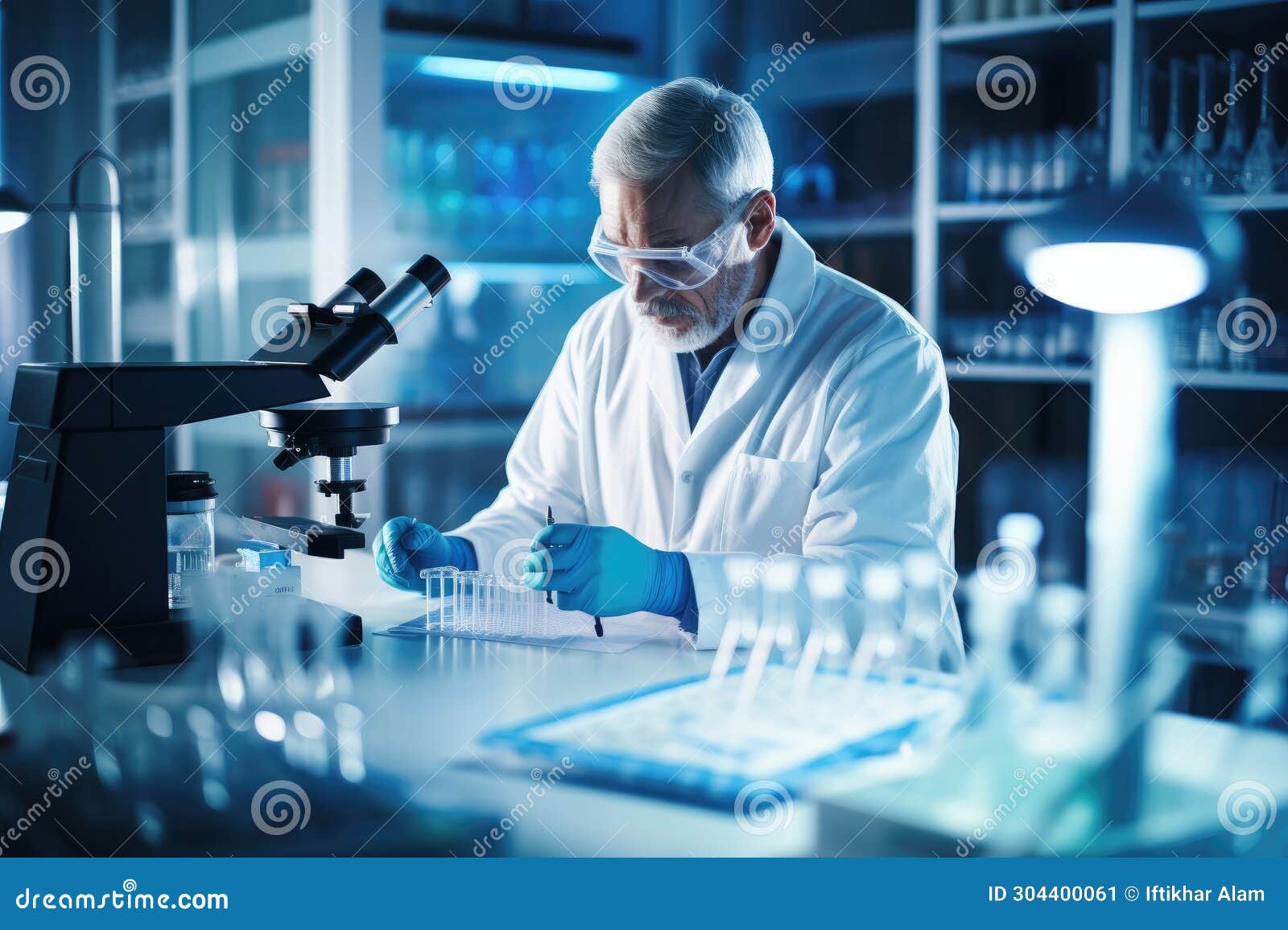 A Scientist Wearing a Lab Coat and Goggles is Focused on His Work ...