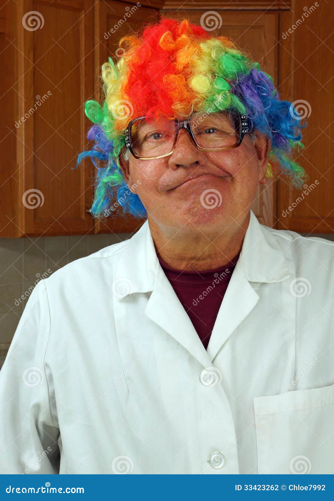 Scientist Wears a Clown Wig Stock Photo - Image of person, blue: 33423262