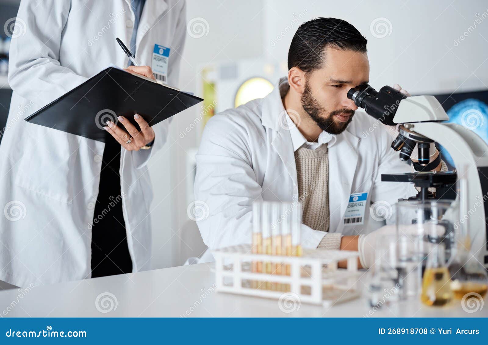 Scientist, Woman and Man by Microscope with Checklist in Laboratory for ...
