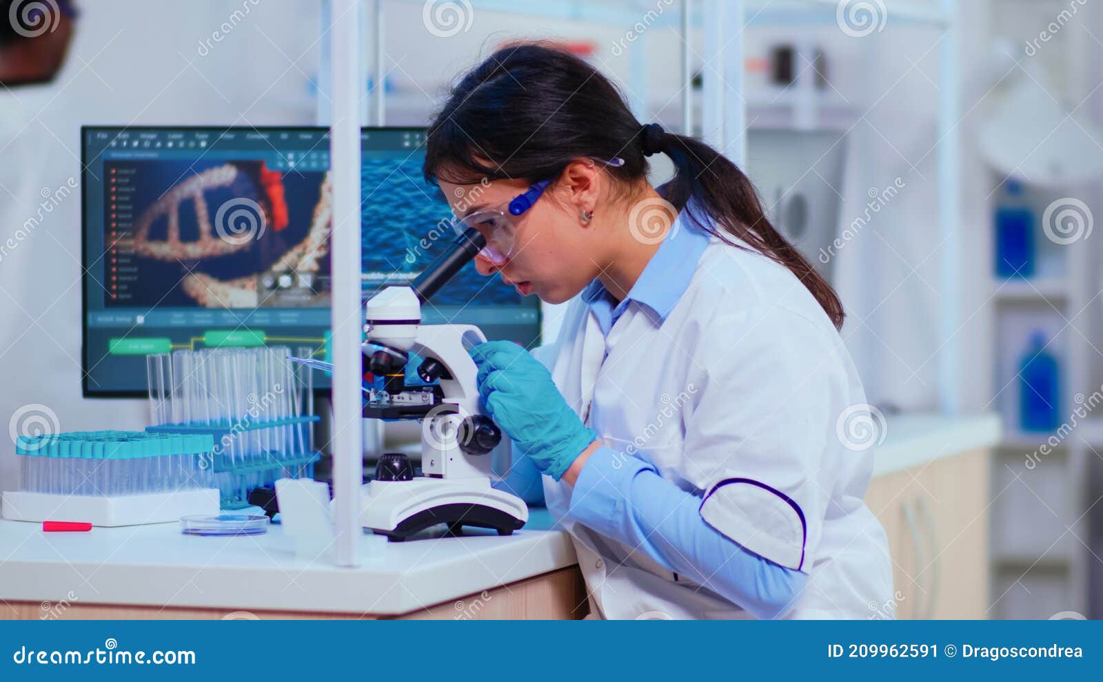 Scientist Woman with Microscope Examining Samples and Liquid Stock ...