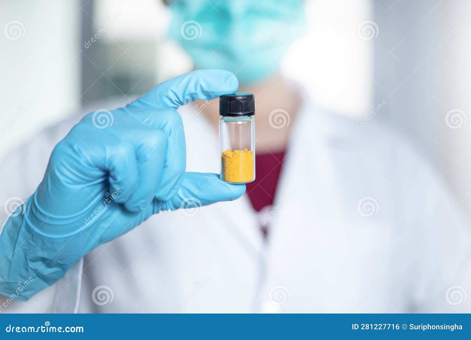 Scientist Woman Shows Orange Solid in Vial Glass of Curcumin Compound ...