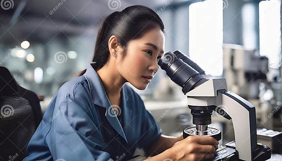 Scientist Woman Using a Microscope: Focused Study in a Modern Lab Stock Illustration ...