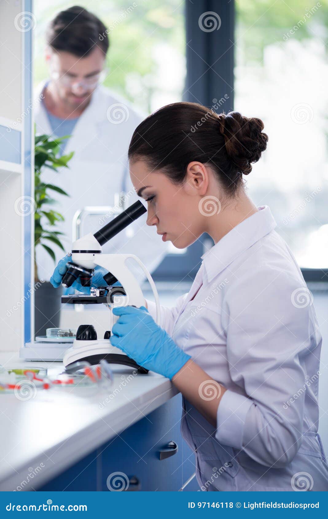 Scientist during Work with Microscope at Modern Biological Laboratory ...