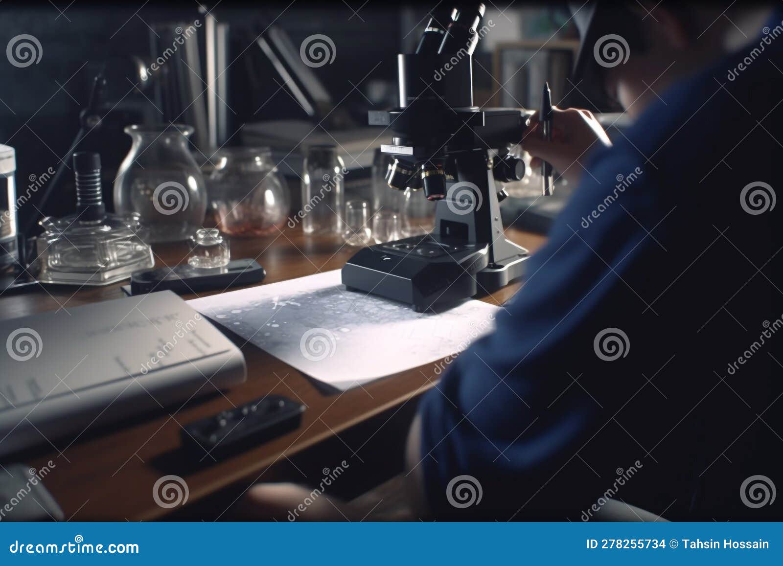 Scientist at Work Student Working with Microscope and Laptop in ...