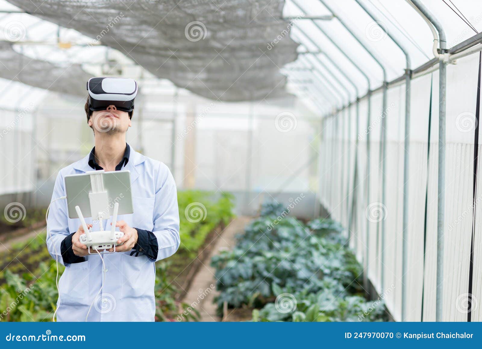 Scientist or Worker Use Remote Controller Piloting Drone at Garden ...