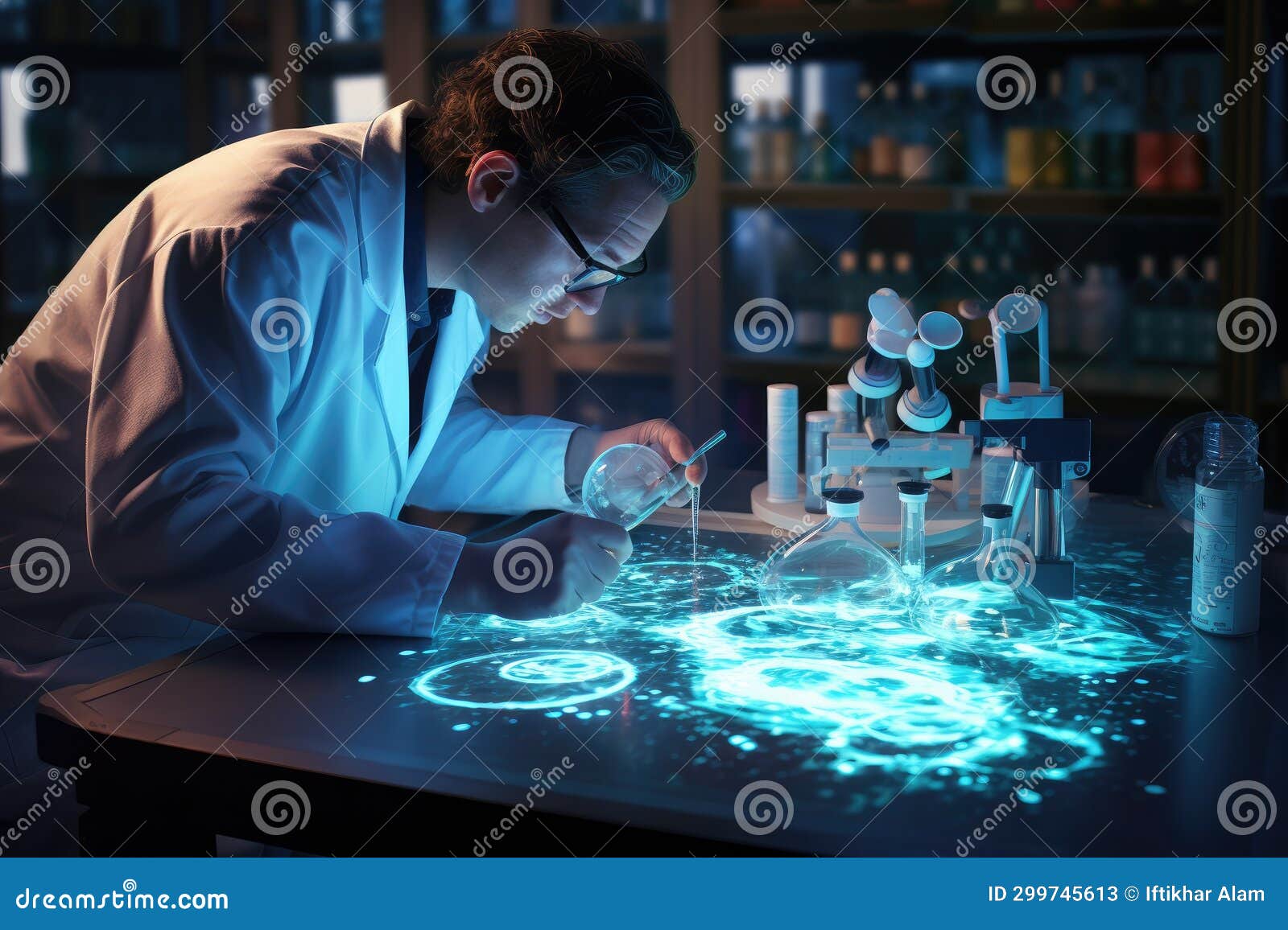 Scientist Working with Blue Light in Laboratory. Science and Chemistry ...