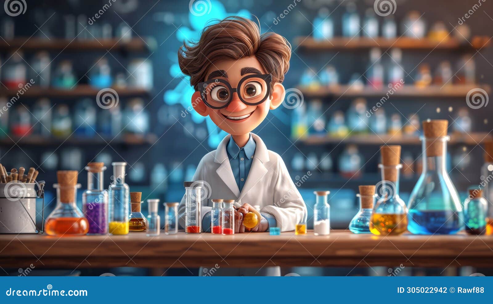 Scientist Working in a Lab. Laboratory Equipment Drawing, Glass Bottles ...