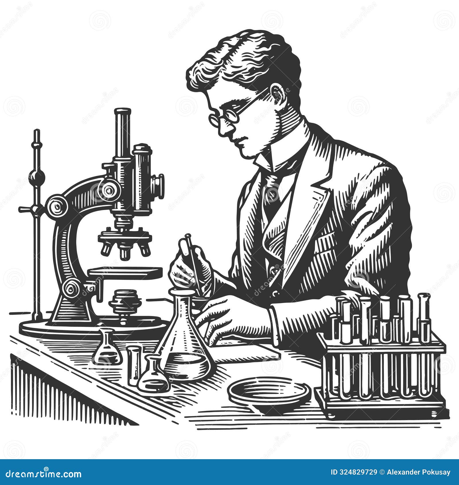 Scientist Working in Laboratory Engraving Vector Stock Illustration ...