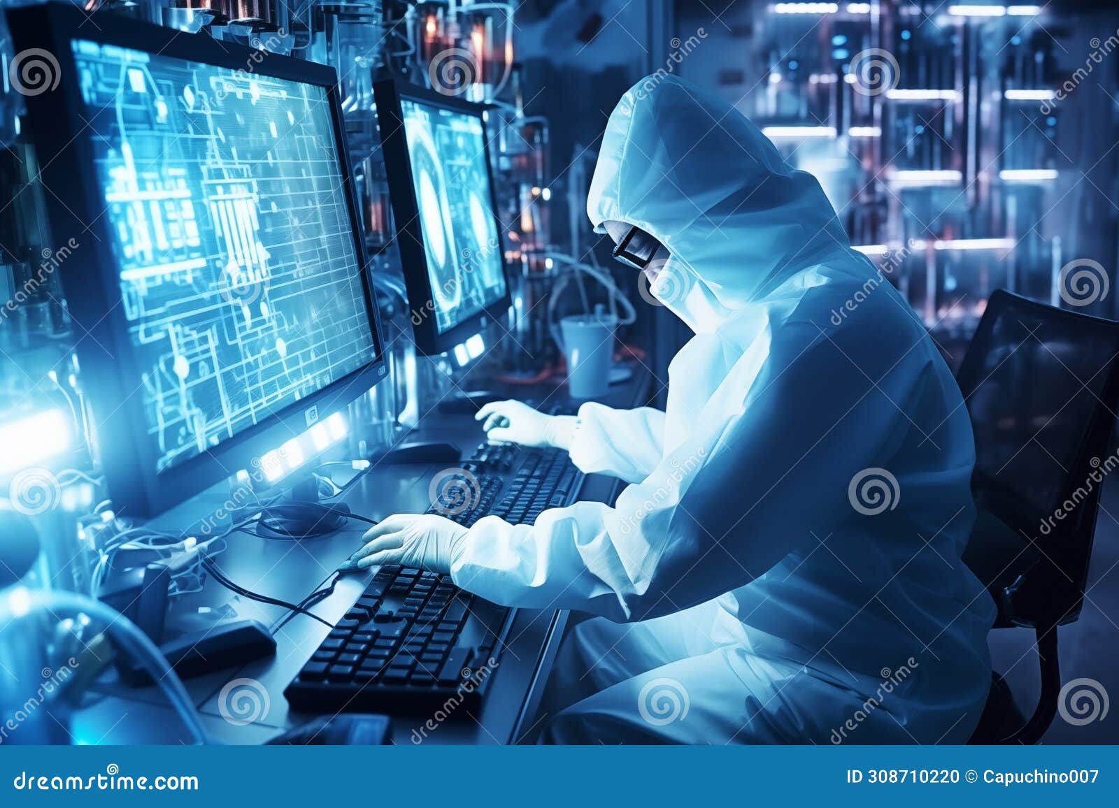 Scientist Working on a Laptop and Computer, Typing with Hands on ...