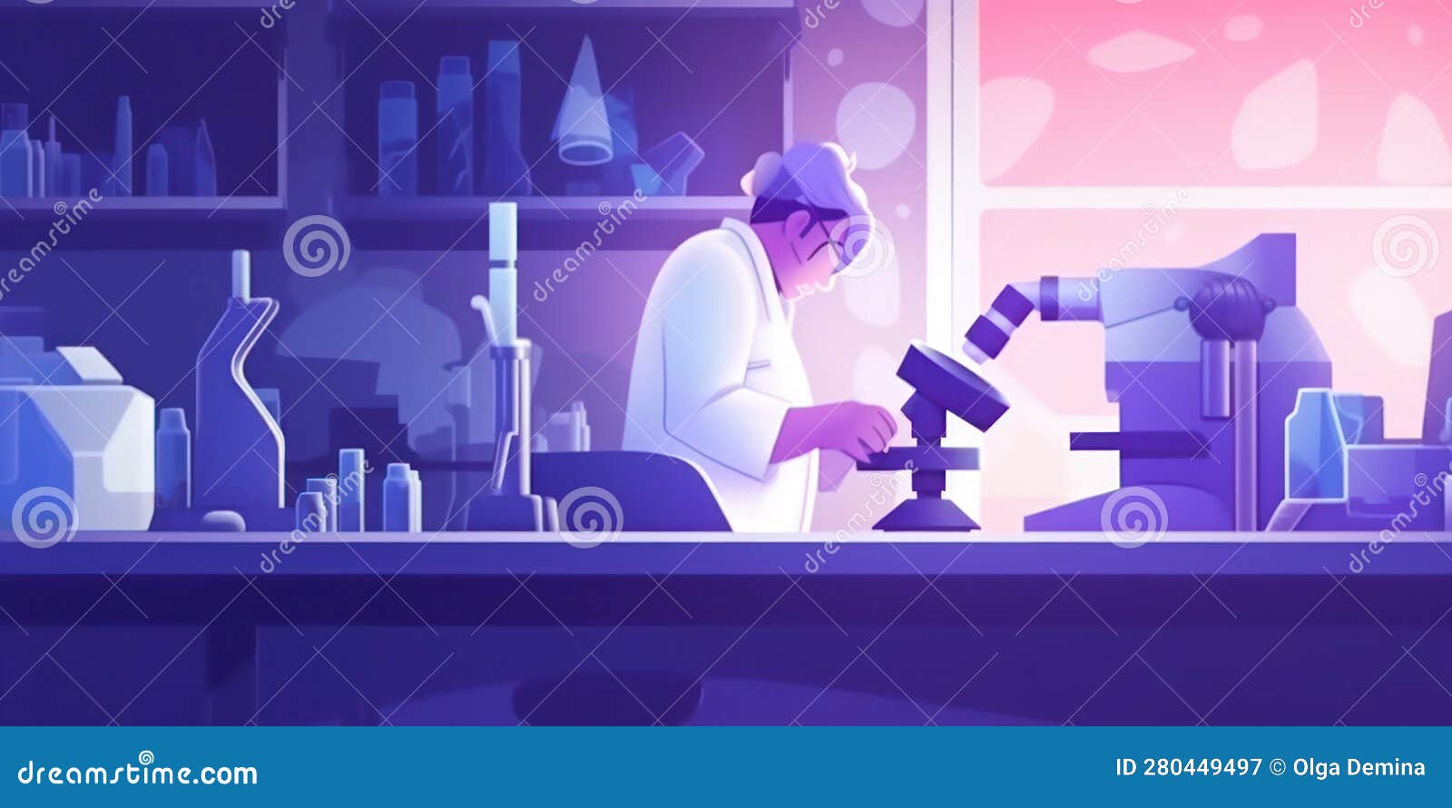 Scientist Working with Microscope in Laboratory at Night. Flat Style ...