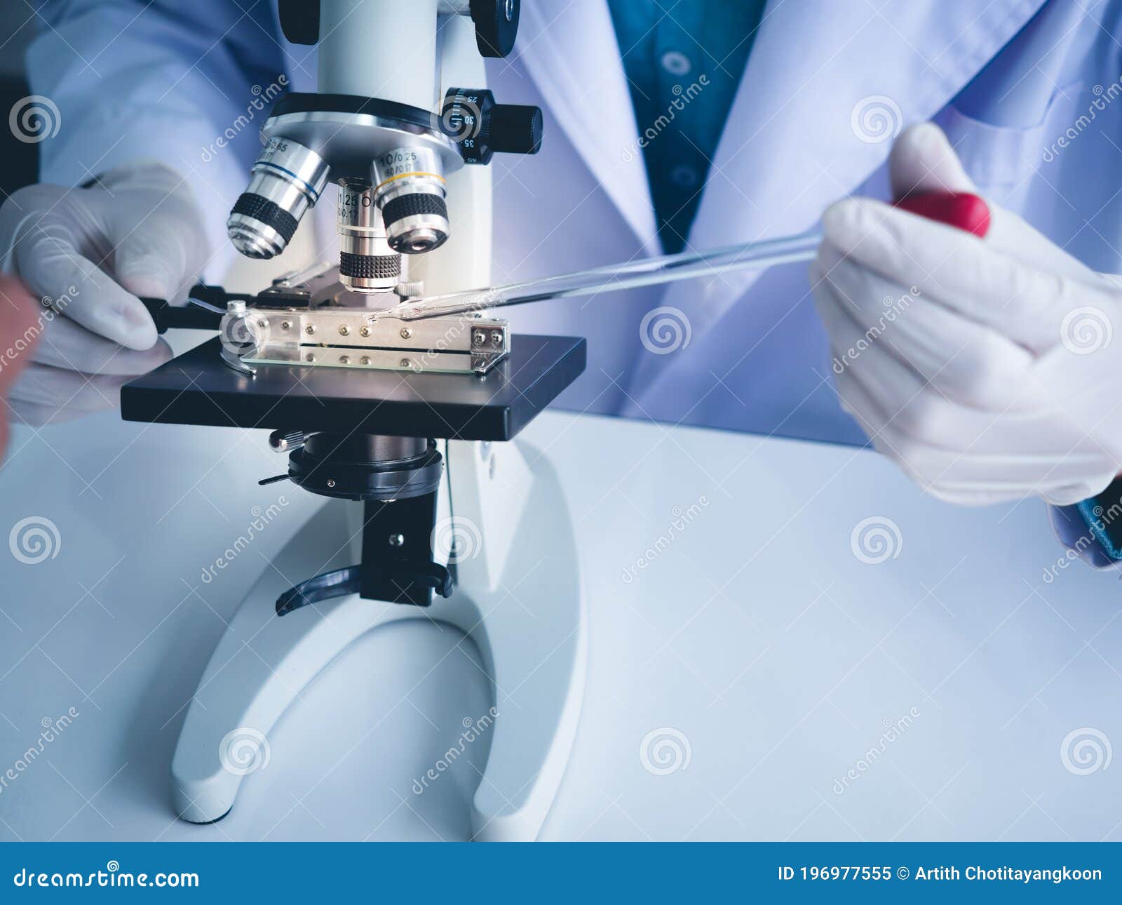 Scientist Is Working Seriously Chemistry Experiment With A Microscope ...