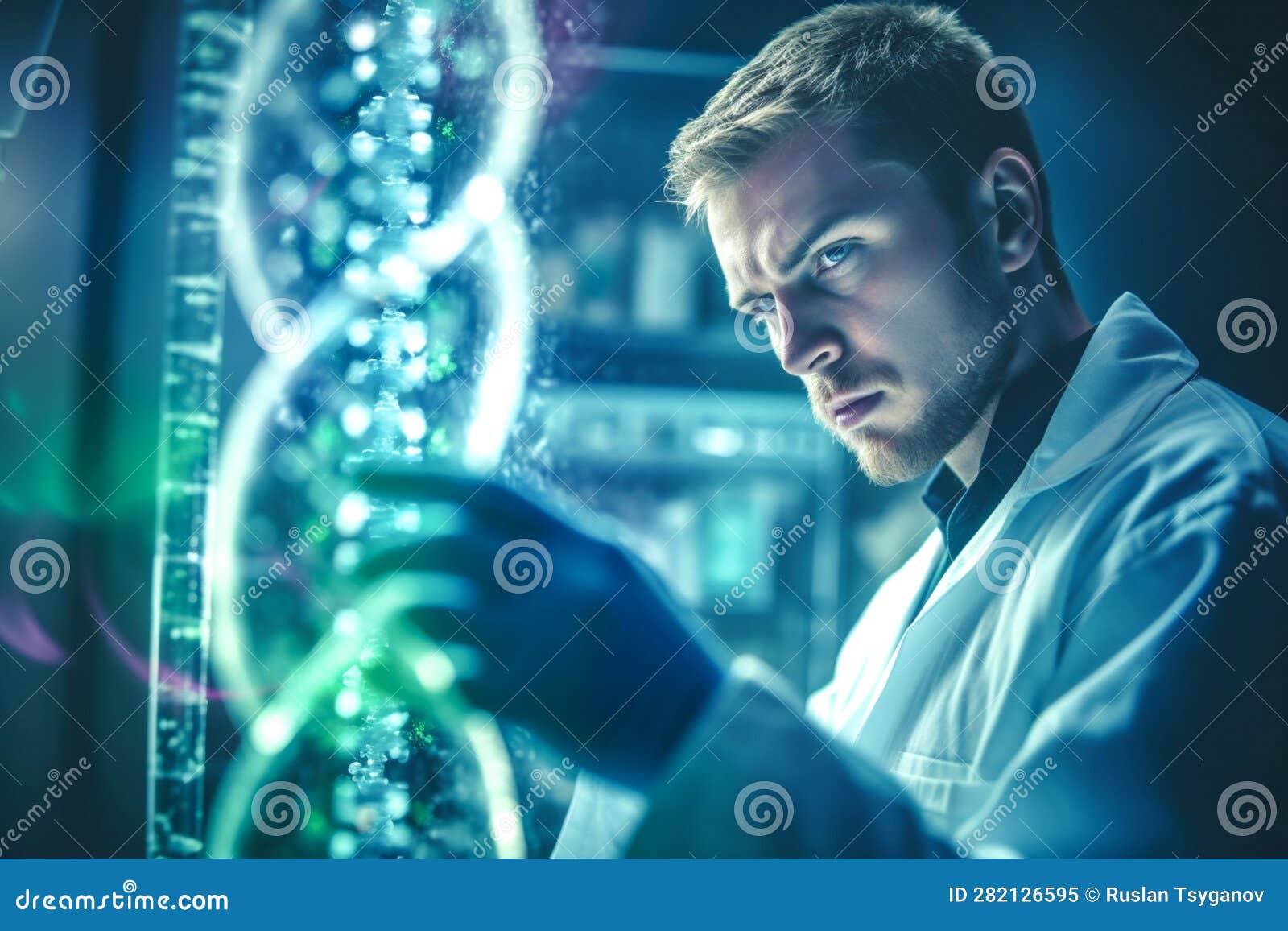 Scientist Works in the Laboratory Studies the Structure of the Dna Molecule. Genetic Engineering ...