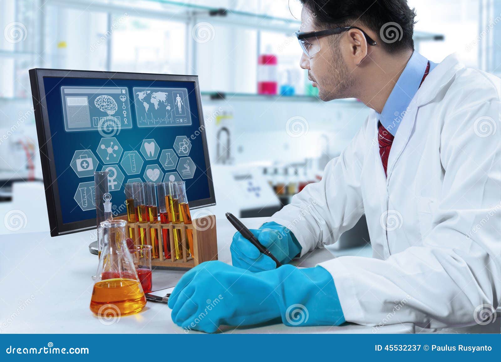 Scientist Writes Experiment Notes Stock Image - Image of monitor ...