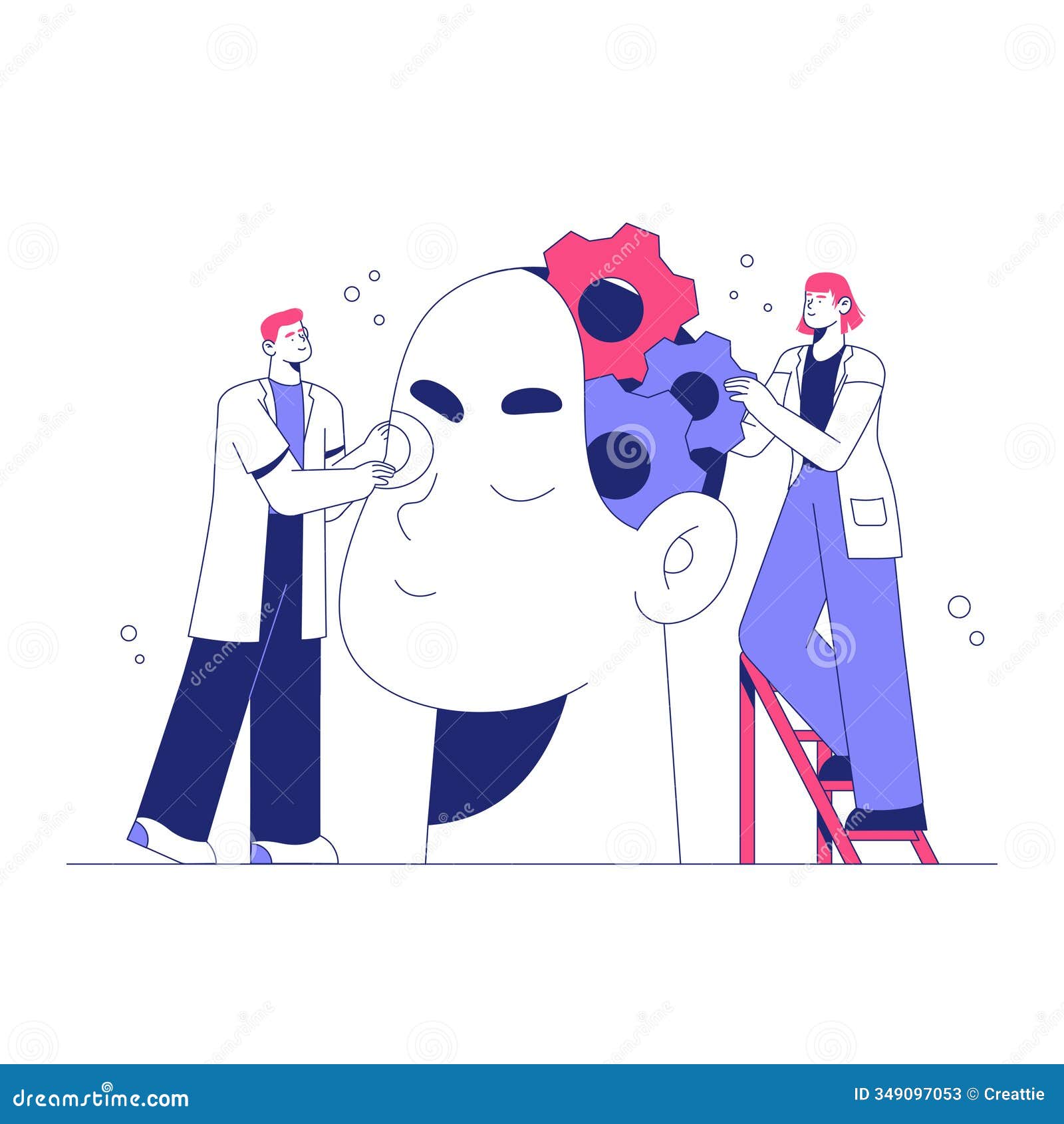 Scientists Adjusting Gears Inside a Robot Head in Flat Vector ...