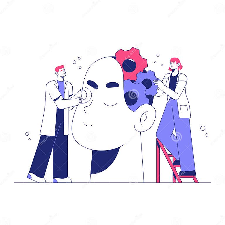 Scientists Adjusting Gears Inside a Robot Head in Flat Vector ...