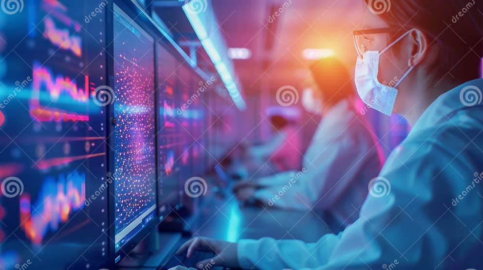 Scientists Analyzing Data on High-Tech Monitors Stock Illustration ...