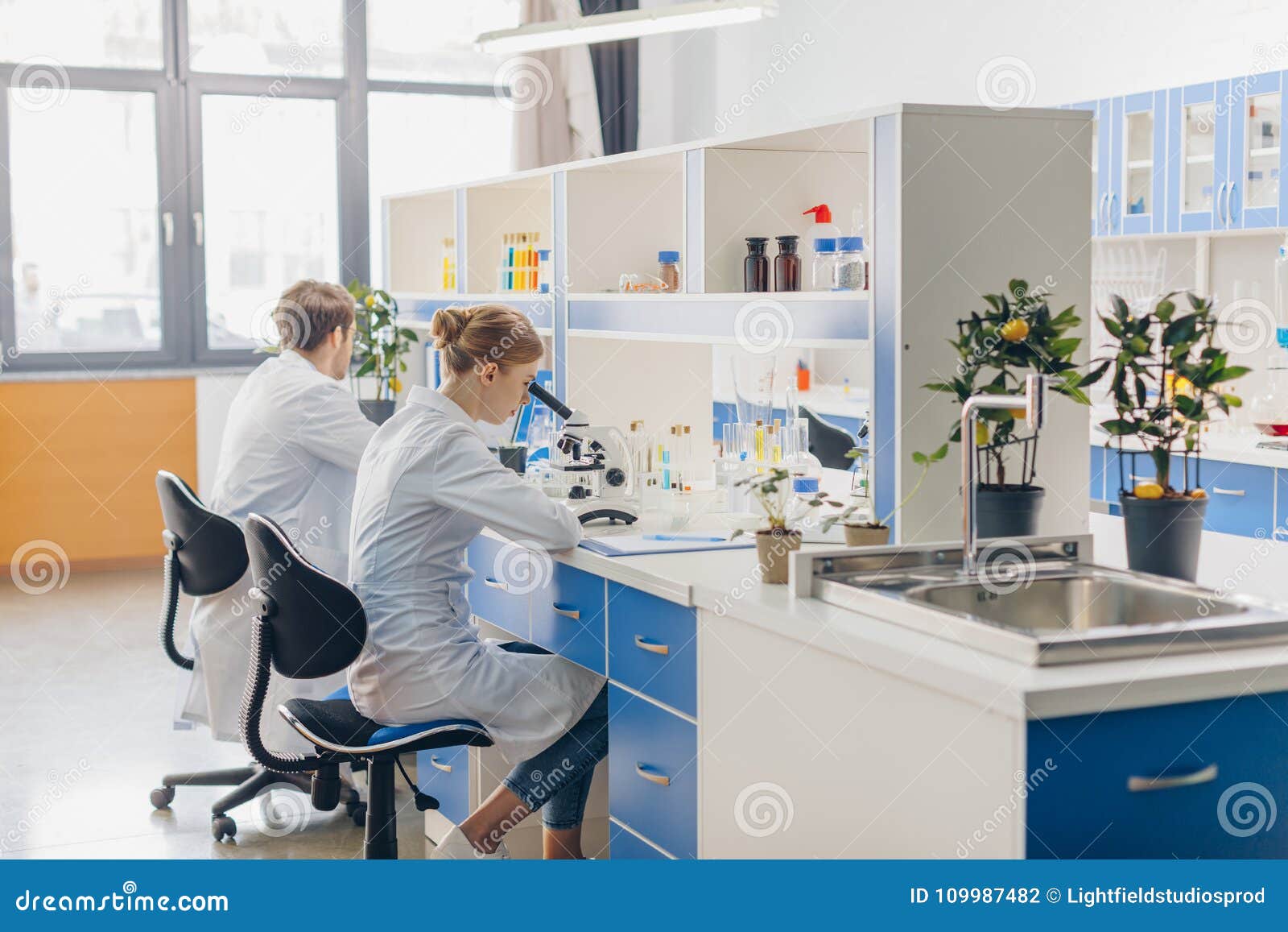 Scientists in Biological Laboratory Stock Photo - Image of flasks ...