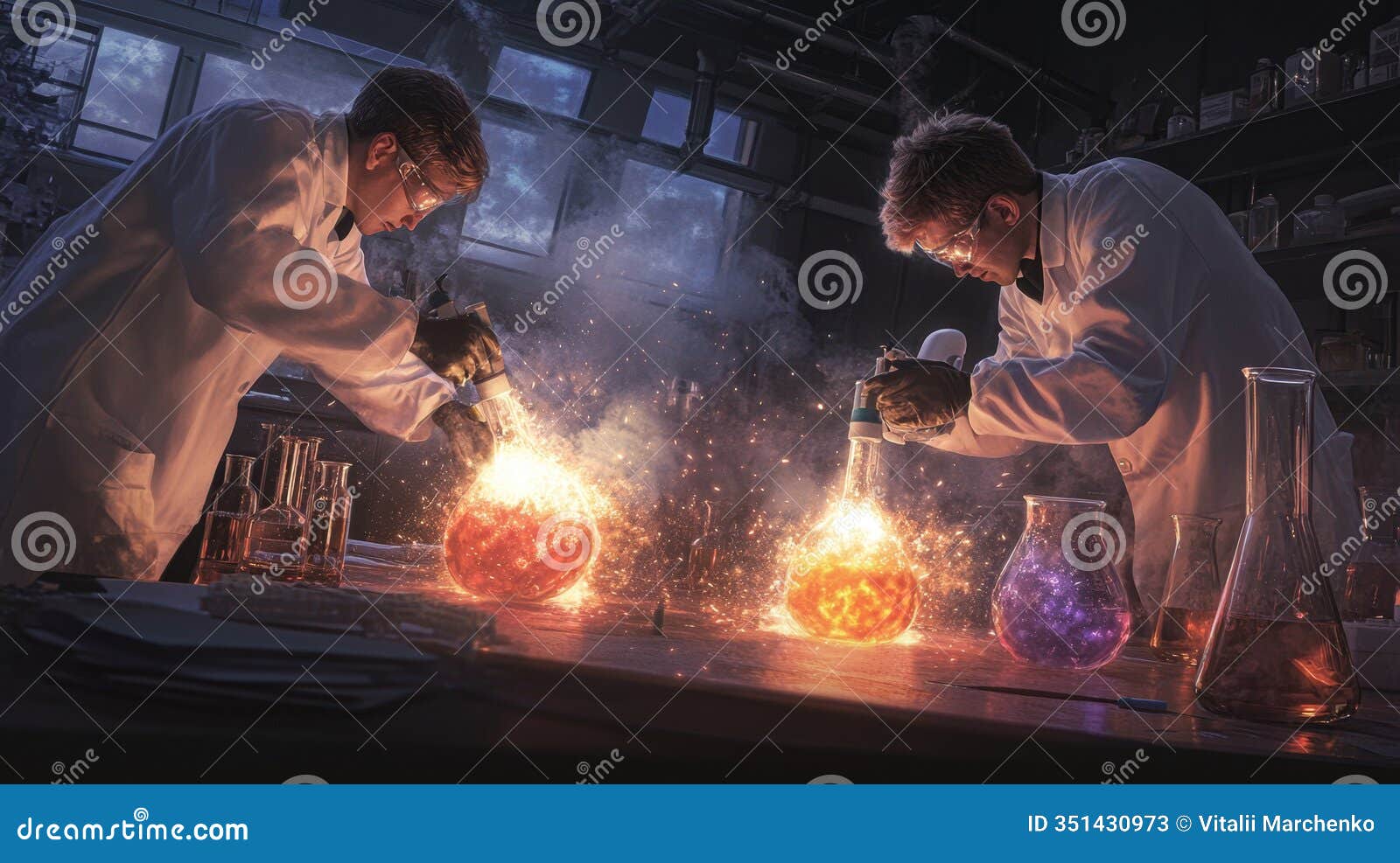 Scientists Conducting Exciting Chemistry Experiment with Dramatic ...