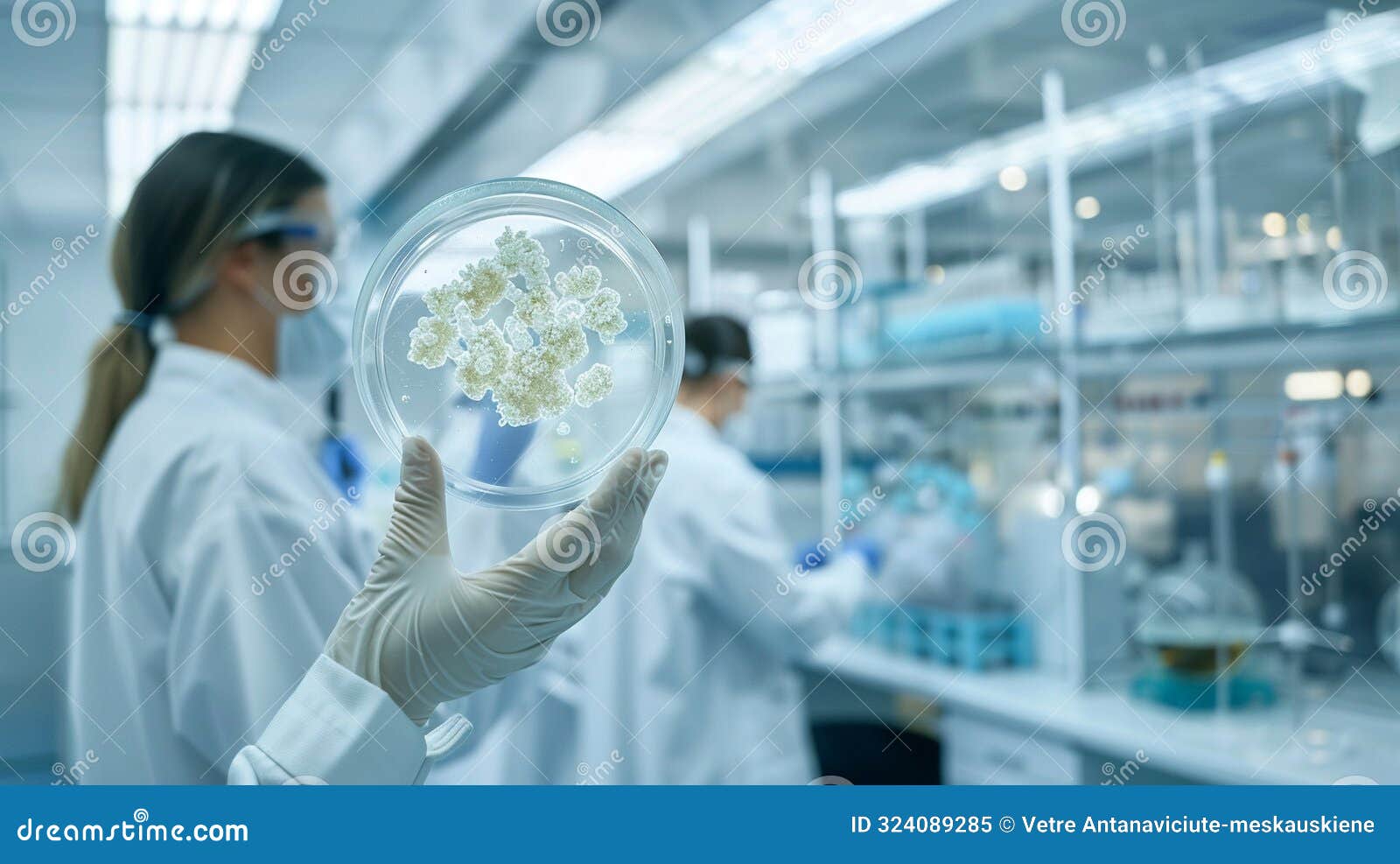 Scientists Observing a Petri Dish with Mold Growth in a Laboratory ...